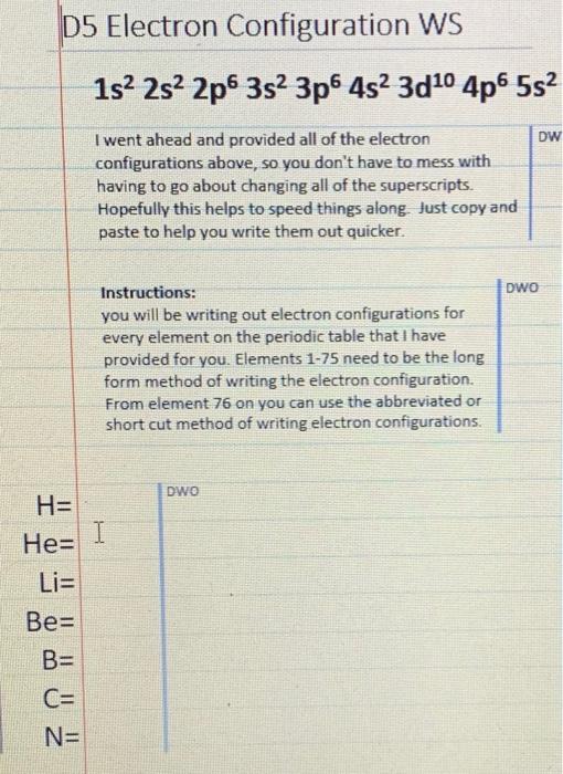 Solved D5 Electron Configuration WS 1s 2s 2p 3s 3p 4s2 3d10 | Chegg.com