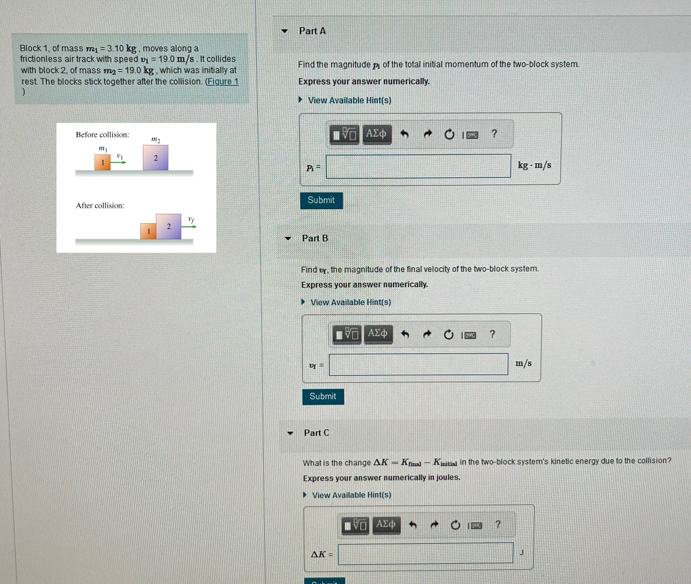 Solved Part ABlock 1 , ﻿of mass m1=3.10kg, ﻿moves along | Chegg.com