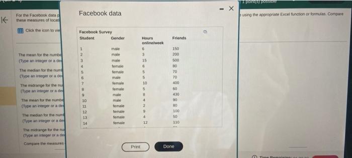 Solved Facebook data 2. using the appropriate Excel funcion | Chegg.com