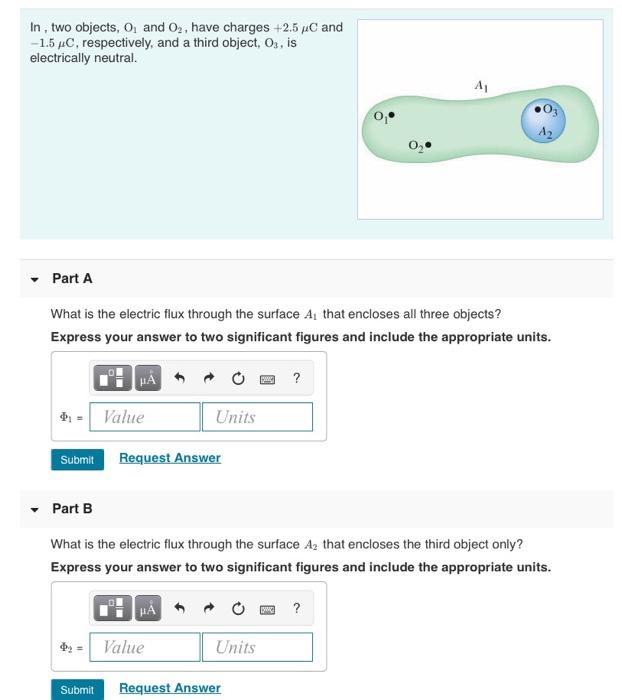 Solved In, two objects, O, and 02, have charges +2.5 C and | Chegg.com