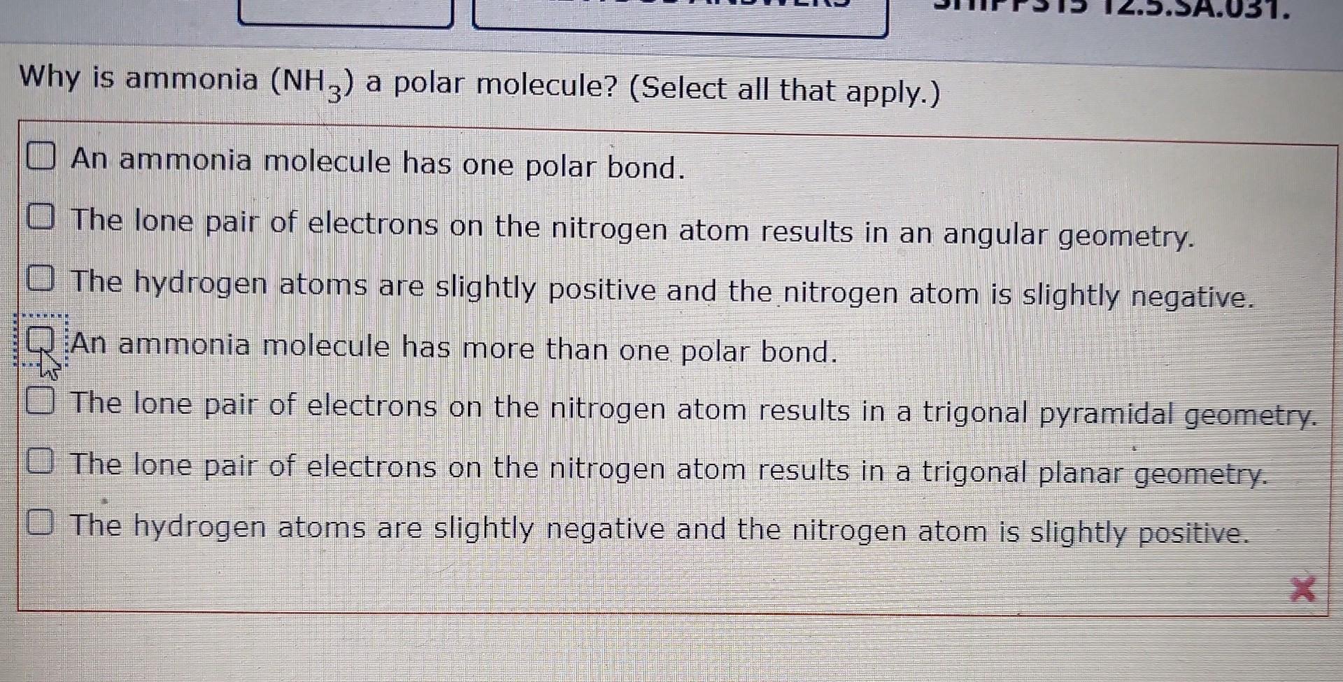 Solved Why is ammonia (NH3) a polar molecule? (Select all | Chegg.com