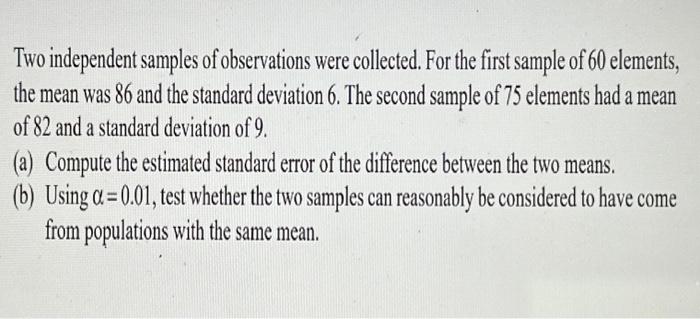 Solved Two independent samples of observations were | Chegg.com