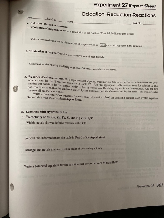 Experiment 27 Report Sheet Oxidation-Reduction | Chegg.com