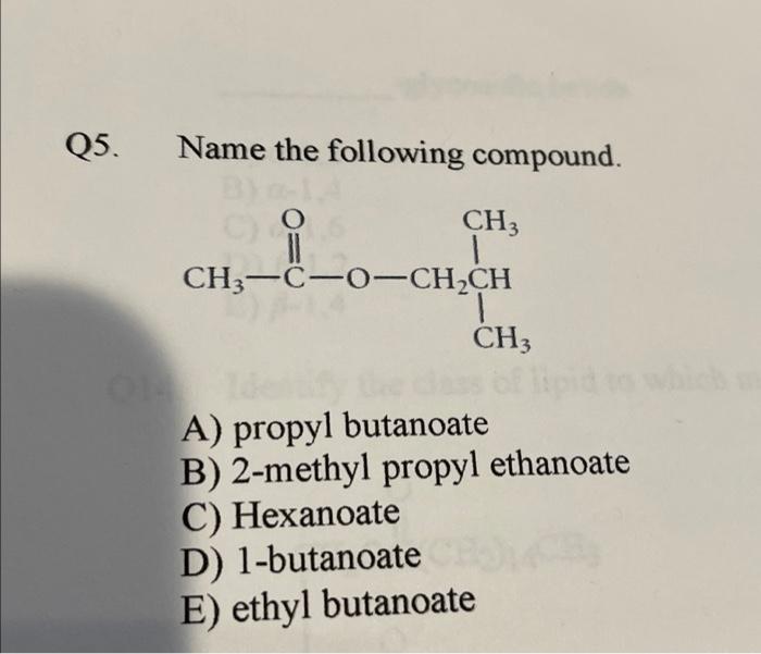 Solved Q5. Name the following compound. CH3 CH3-C-0-CH2CH 1 | Chegg.com