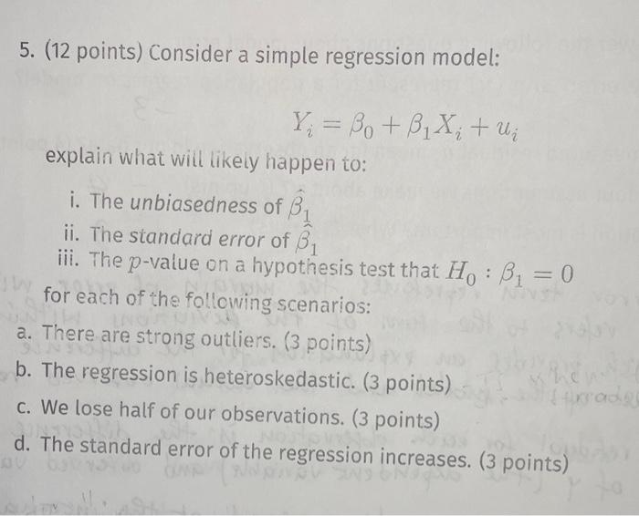 Solved 5. (12 points) Consider a simple regression model: | Chegg.com