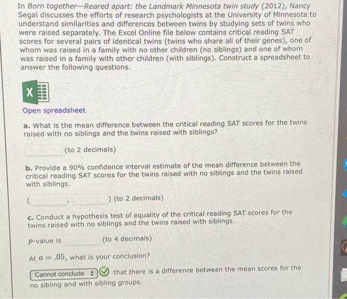 Solved In Born together-Reared apart: the Landmark Minnesota | Chegg.com