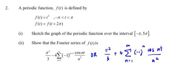 Solved 2. A periodic function, f(t) is defined by f(t)=t2,−π | Chegg.com