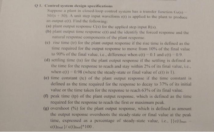 1. Control system design specifications Suppose a | Chegg.com