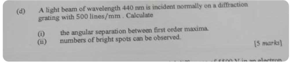 Solved (d) ﻿A light beam of wavelength 440nm ﻿is incident | Chegg.com