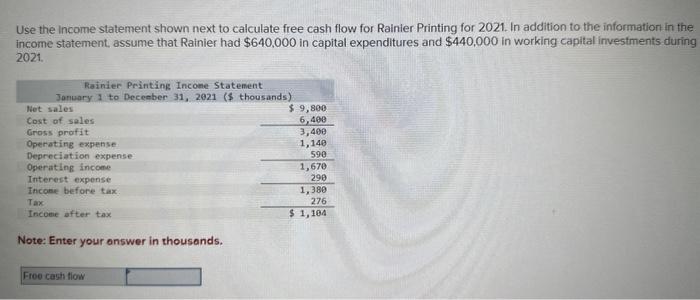 Solved Use the income statement shown next to calculate free | Chegg.com