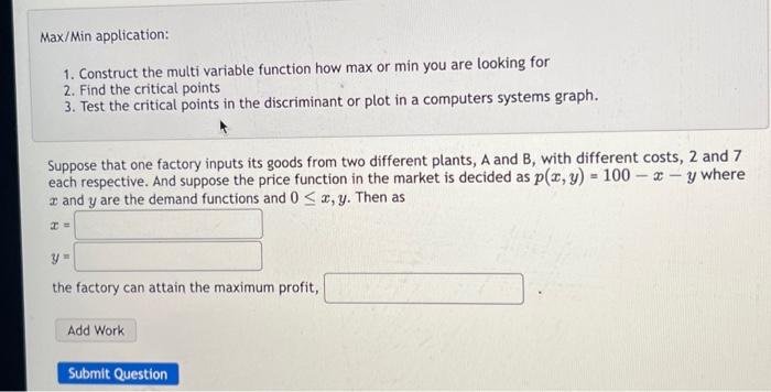 Solved Max/Min application: 1. Construct the multi variable | Chegg.com