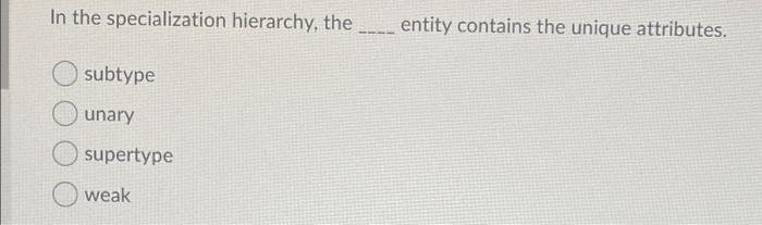 Solved In the specialization hierarchy, the ____ entity | Chegg.com