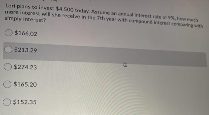 Solved Lori plans to invest $4,500 today. Assume an annual | Chegg.com