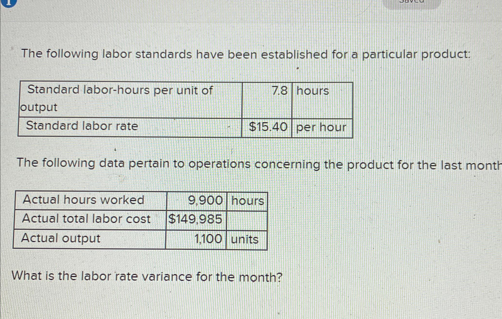 Solved The following labor standards have been established | Chegg.com