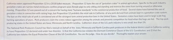 Solved California voters approved Proposition 12 in a 2018 | Chegg.com