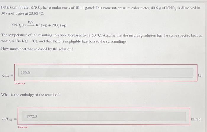 Solved Potassium nitrate, KNO3, has a molar mass of 101.1 | Chegg.com