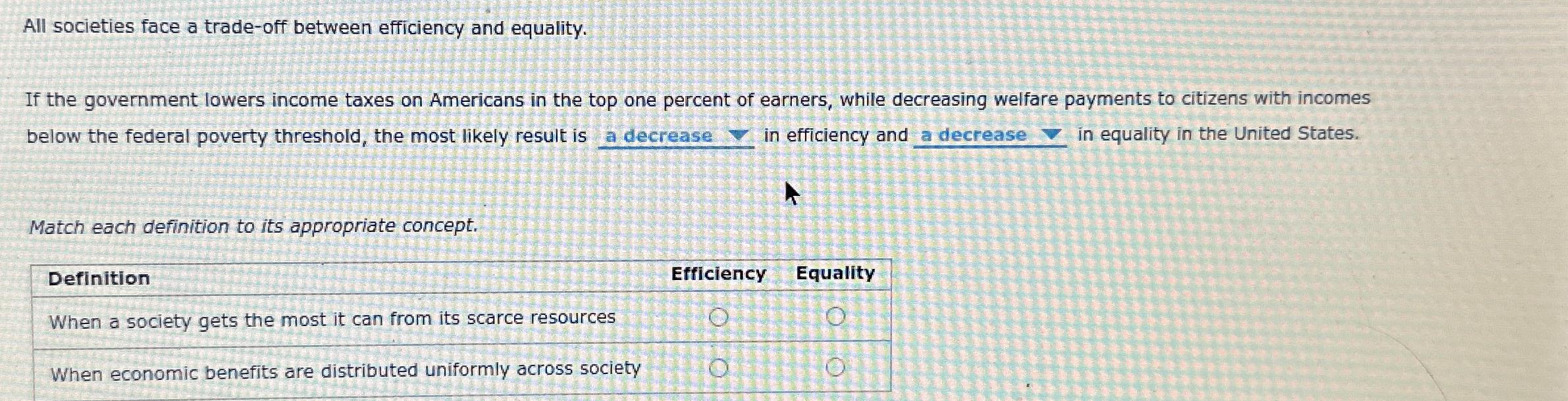 Solved All societies face a trade-off between efficiency and | Chegg.com