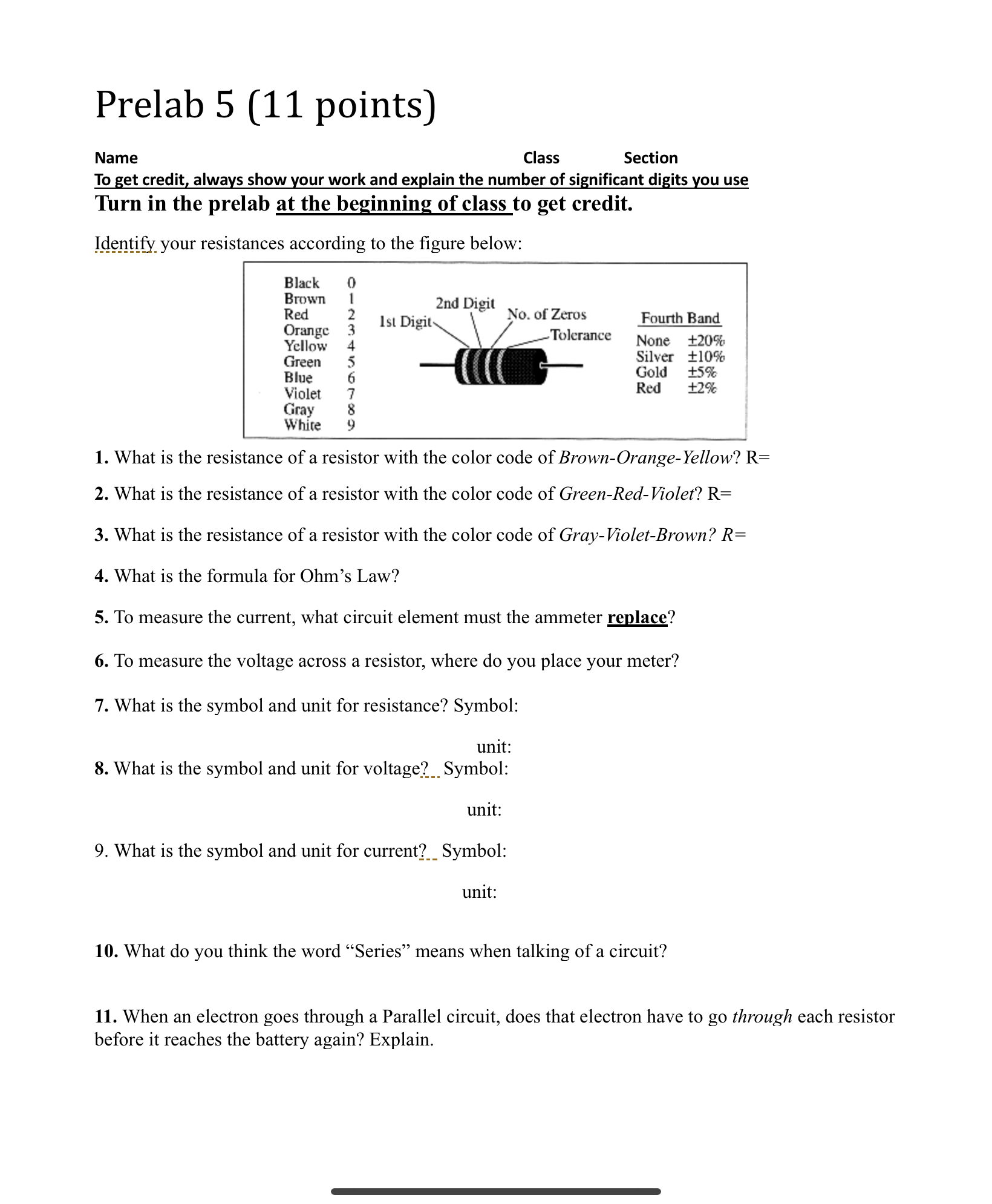 Solved Prelab 5 (11 ﻿points)NameClass SectionTo get credit, | Chegg.com