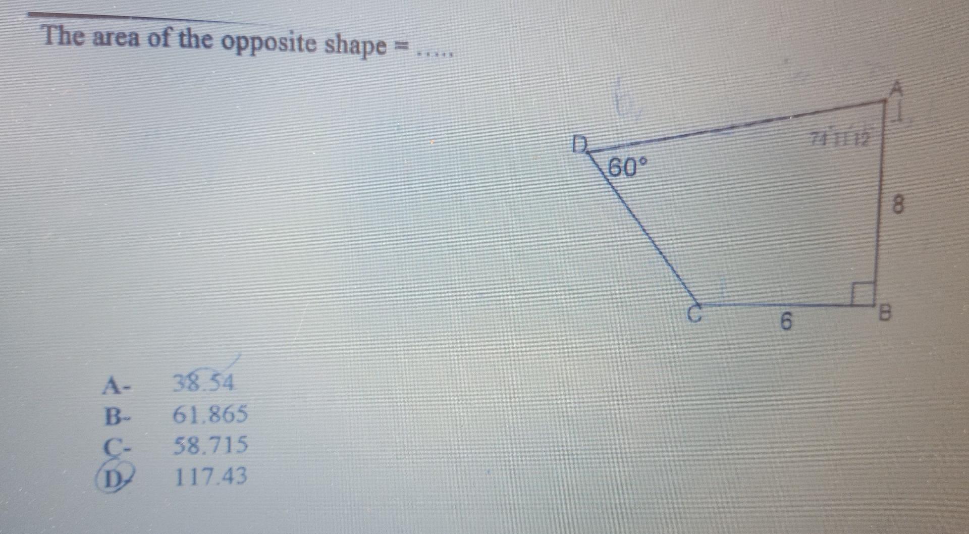 Solved The area of the opposite shape = 74 TI 12 60° 8 B 6 | Chegg.com