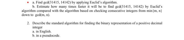 Solved - a. Find gcd(31415,14142) by applying Euclid's | Chegg.com