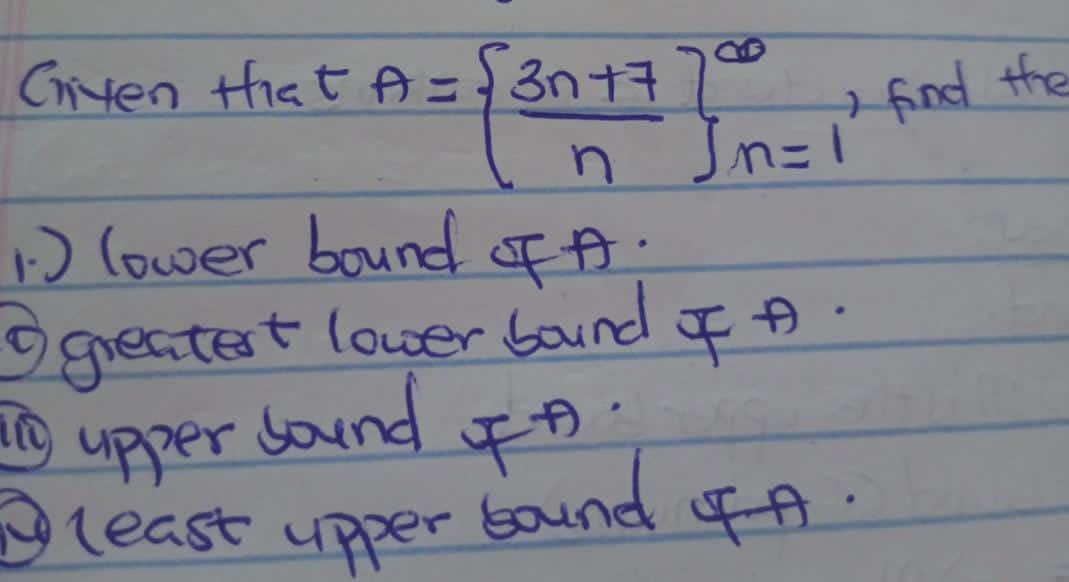 Solved Criven that A = √3n+7 > find the n In-i 1.) lower | Chegg.com