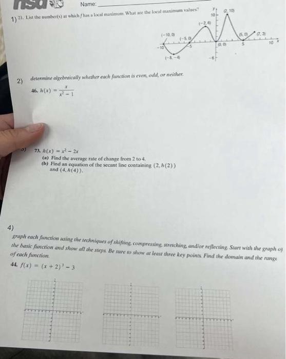 Solved Name: 1) 21. List the number(s) at which has a local | Chegg.com