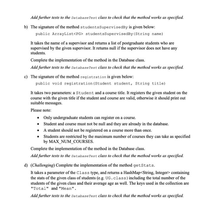 Add further tests to the Database Test class to check | Chegg.com