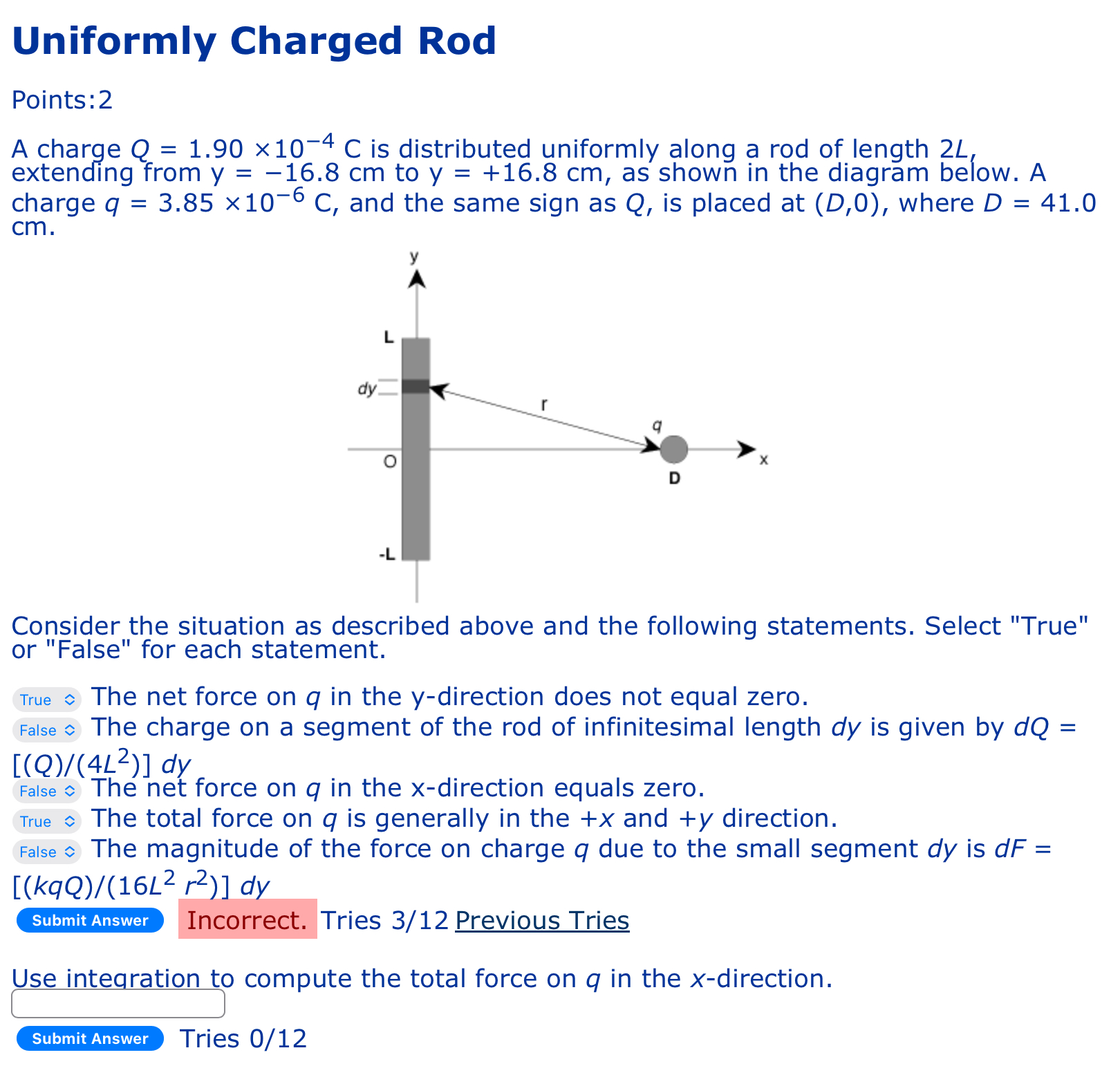 Solved Uniformly Charged RodPoints:2A charge Q=1.90×10-4C | Chegg.com