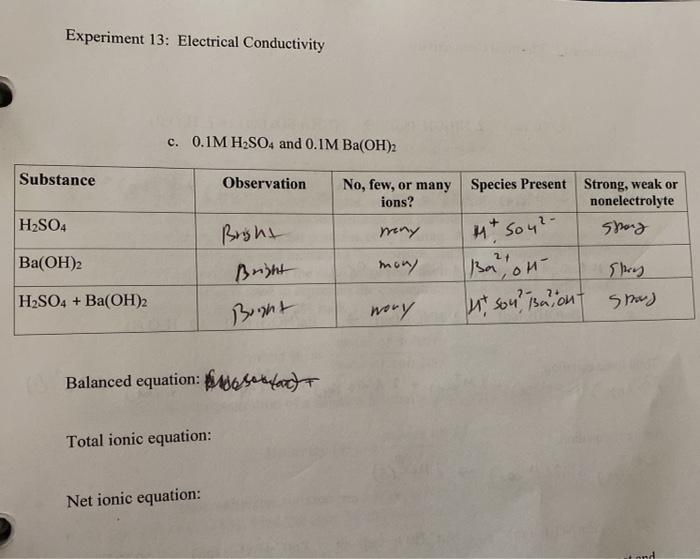 Solved Experiment 13: Electrical Conductivity c. 0.1M H2SO4 | Chegg.com