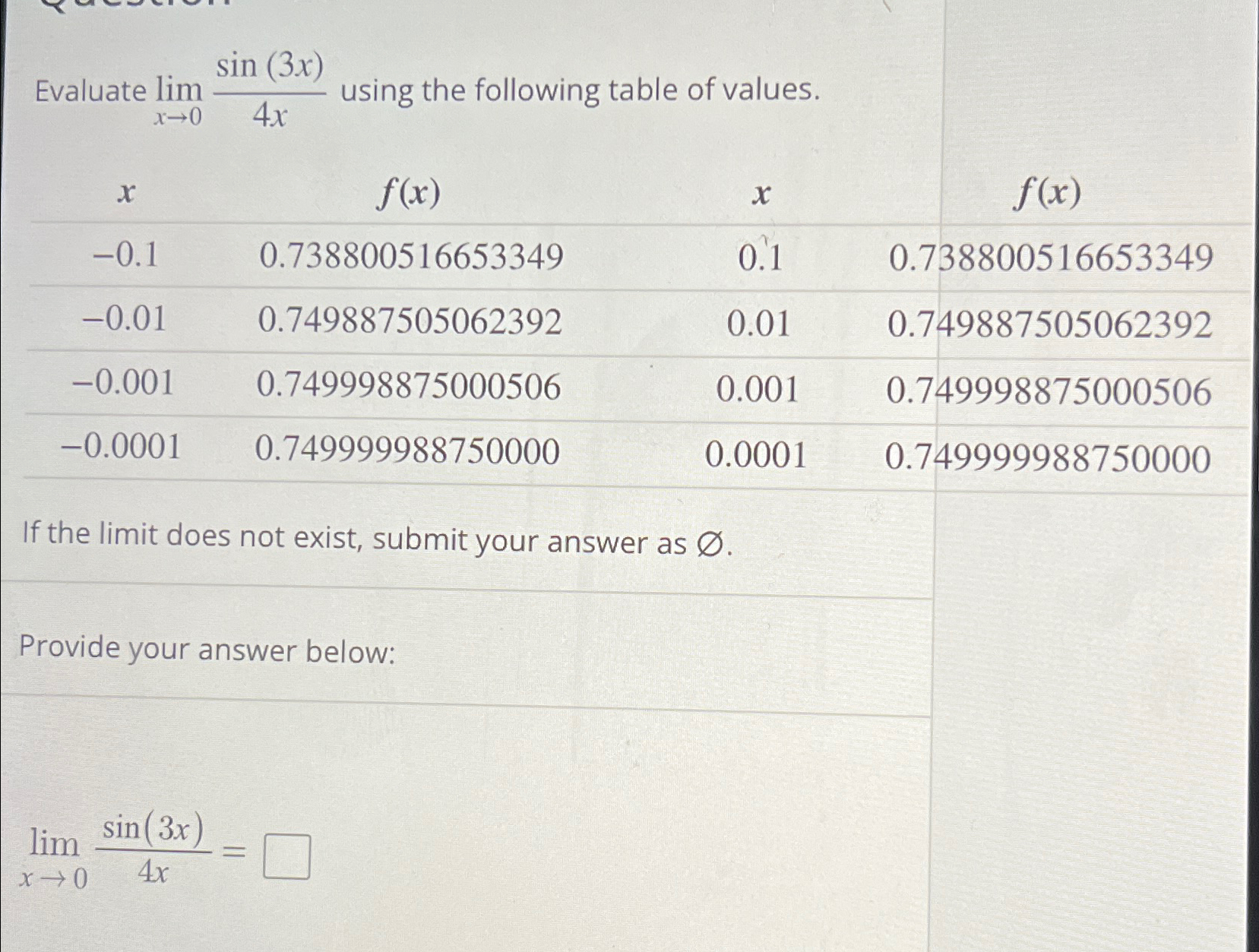 Solved Evaluate limx→0sin(3x)4x ﻿using the following table | Chegg.com