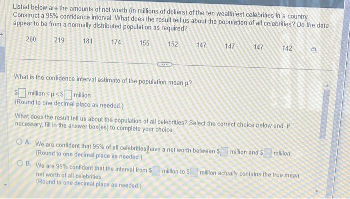 Solved Listed below are the amounts of net worth (in | Chegg.com