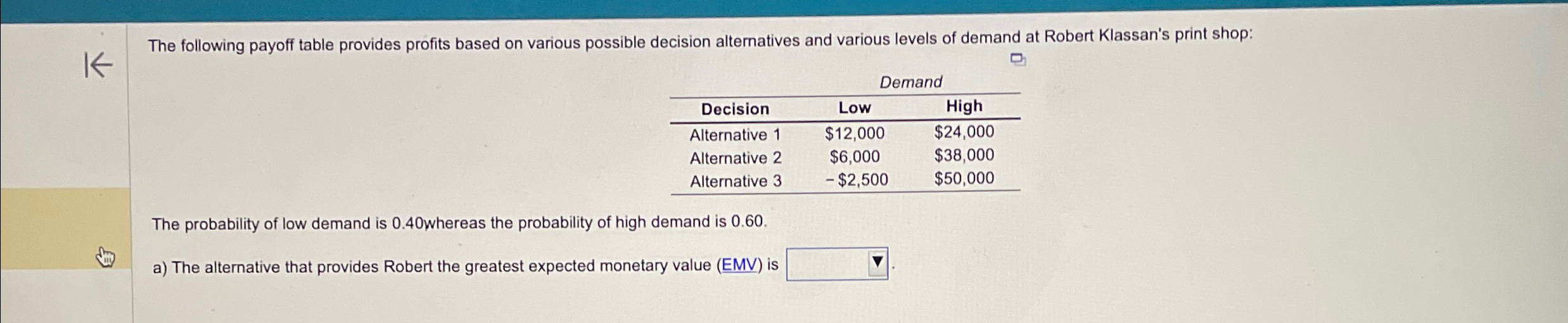 Solved The following payoff table provides profits based on | Chegg.com
