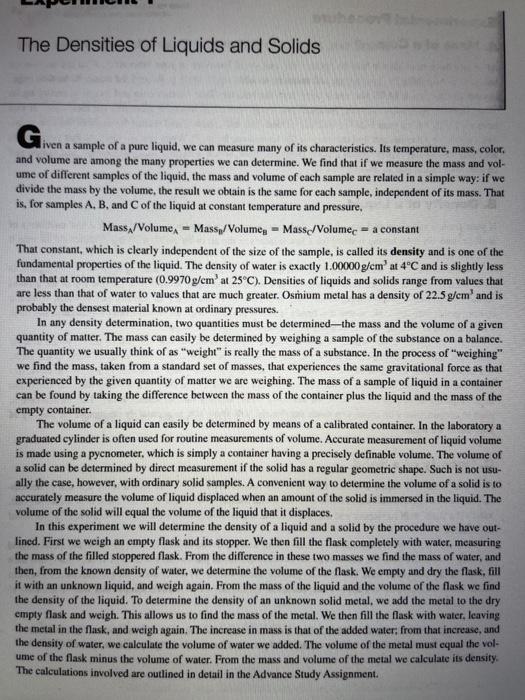 Experiment 1 The Densities of Liquids and Solids Gwen | Chegg.com