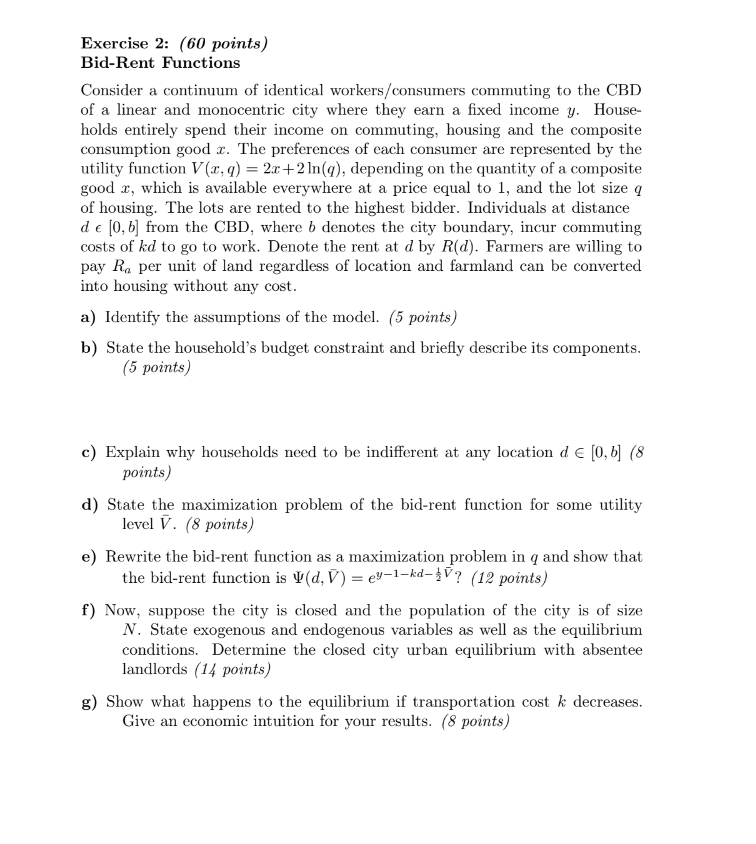 Solved Exercise 2: (60 ﻿points)Bid-Rent FunctionsConsider a | Chegg.com