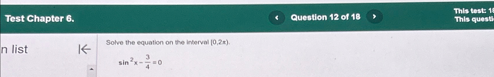 Solved Test Chapter 6.Question 12 of 18This test: 1This | Chegg.com Solved Test Chapter 6.Question 12 of 18This test: 1This | Chegg.com