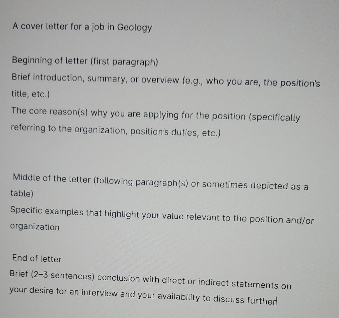 Solved A cover letter for a job in Geology Beginning of | Chegg.com