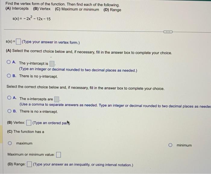Solved Find the vertex form of the function. Then find each | Chegg.com