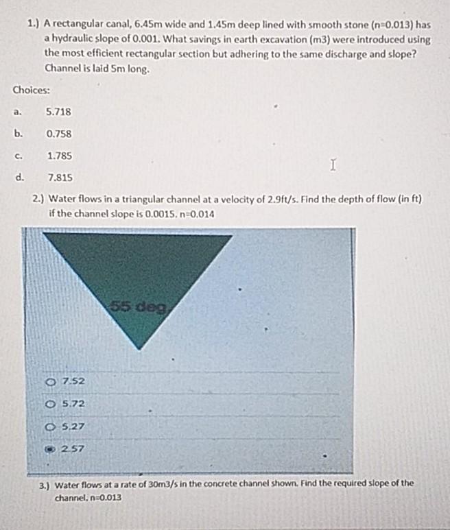 Solved 1.) A rectangular canal, 6.45m wide and 1.45m deep | Chegg.com