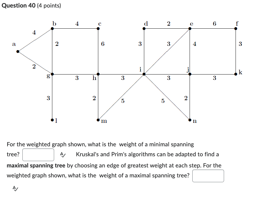 Solved Question 40 (4 ﻿points)For the weighted graph shown, | Chegg.com