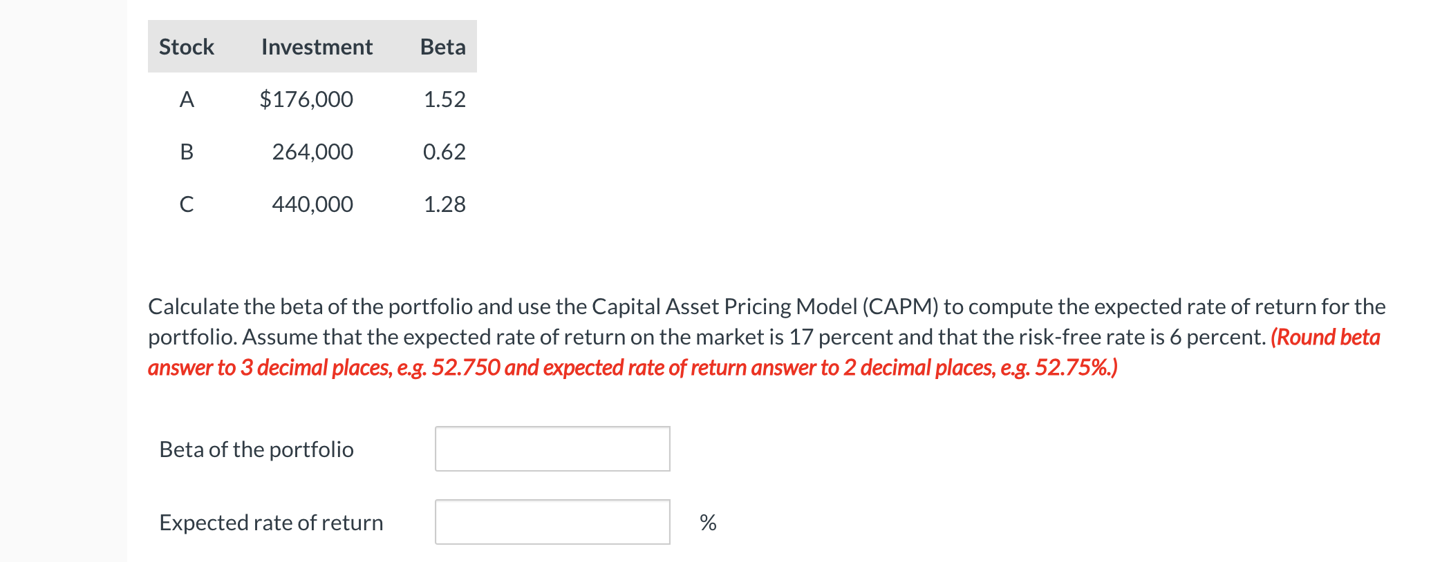 Solved Calculate the beta of the portfolio and use the | Chegg.com
