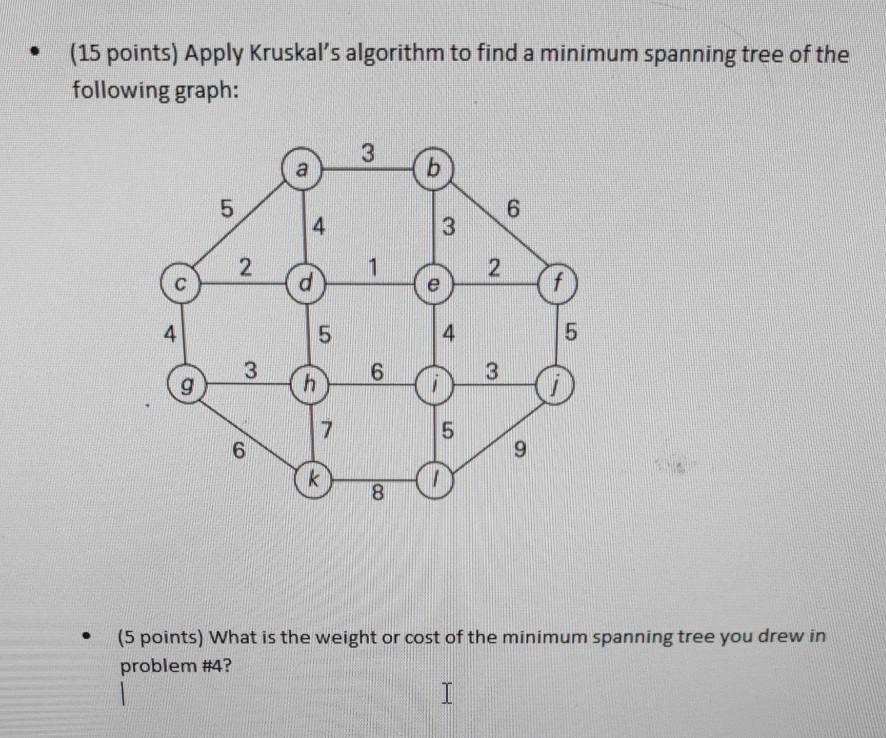 Solved . (15 points) Apply Kruskal's algorithm to find a | Chegg.com Solved . (15 points) Apply Kruskal's algorithm to find a | Chegg.com