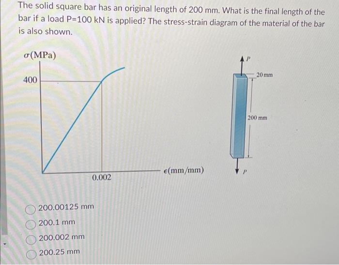 Solved The solid square bar has an original length of 200 | Chegg.com