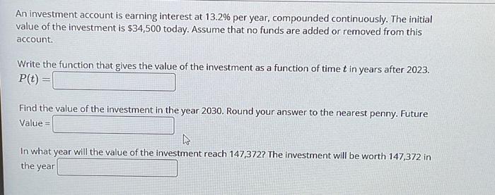Solved An investment account is earning interest at 13.2% | Chegg.com