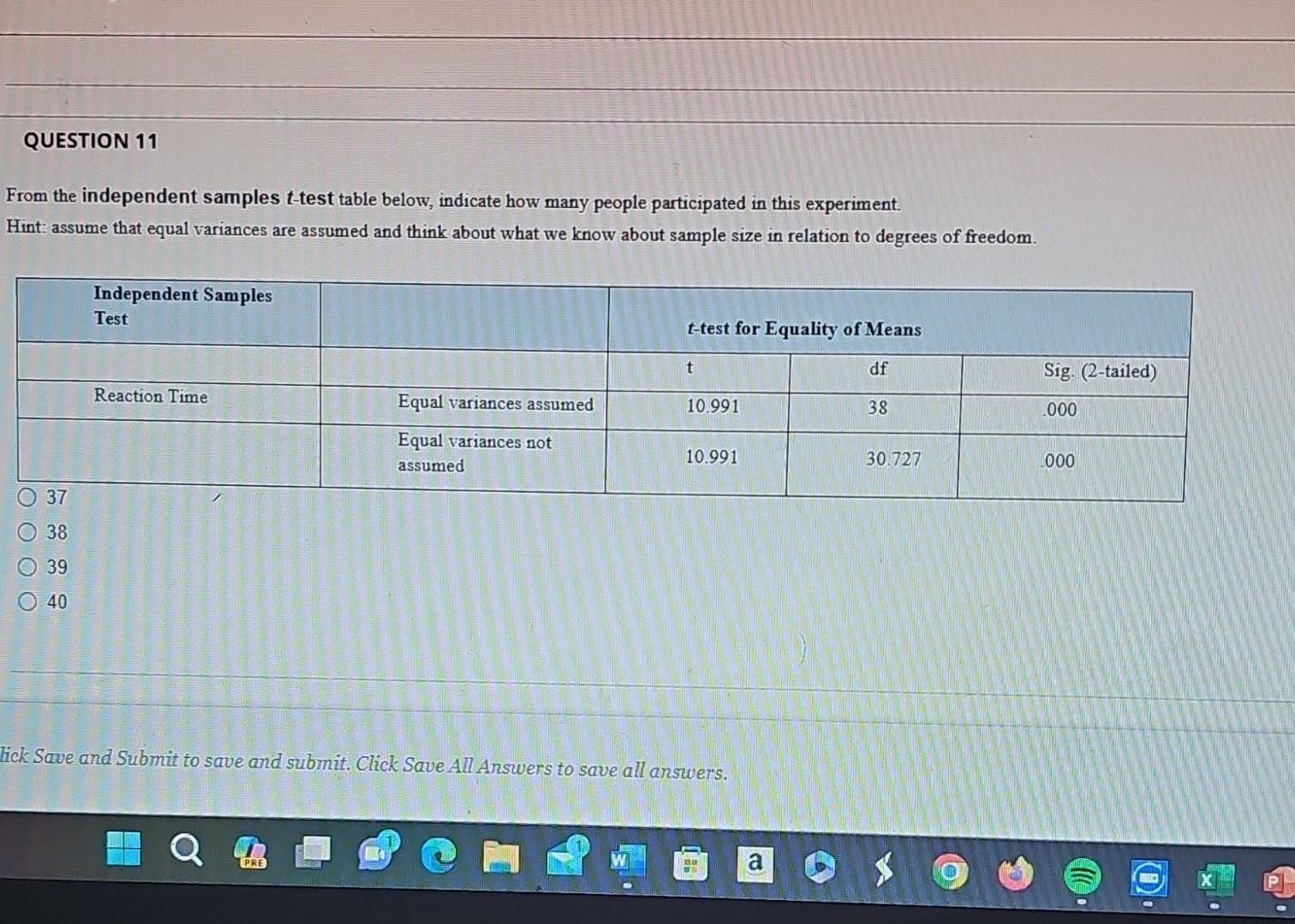 Solved QUESTION 11 From the independent samples t-test table | Chegg.com