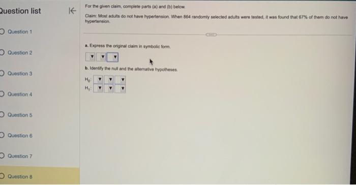 Solved lestion list For the given claim, complete parts (a) | Chegg.com