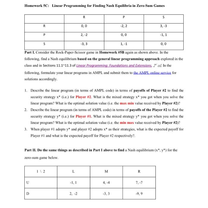 Solved Homework 5C: Linear Programming for Finding Nash | Chegg.com