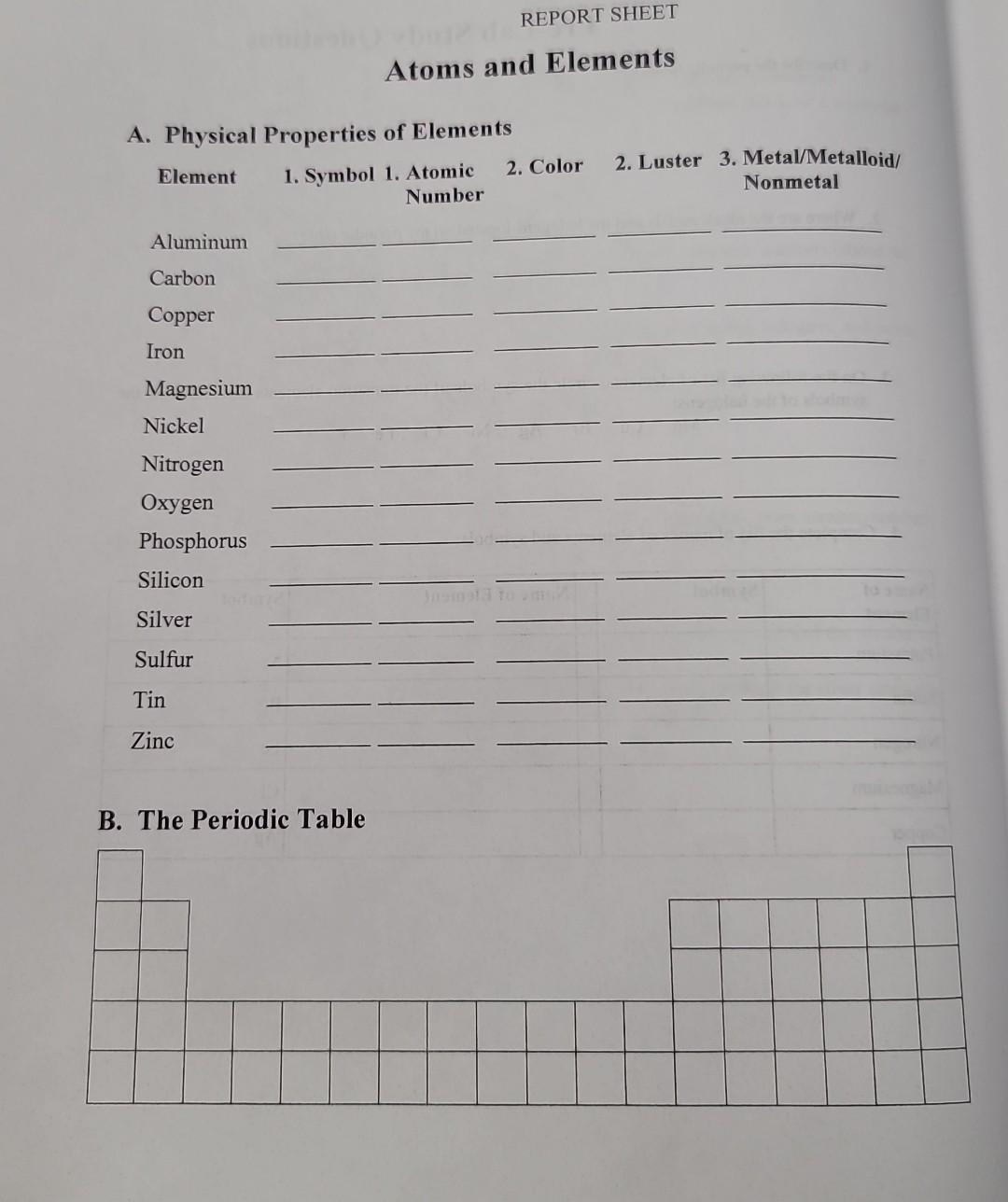 Solved REPORT SHEET Atoms and Elements A. Physical | Chegg.com