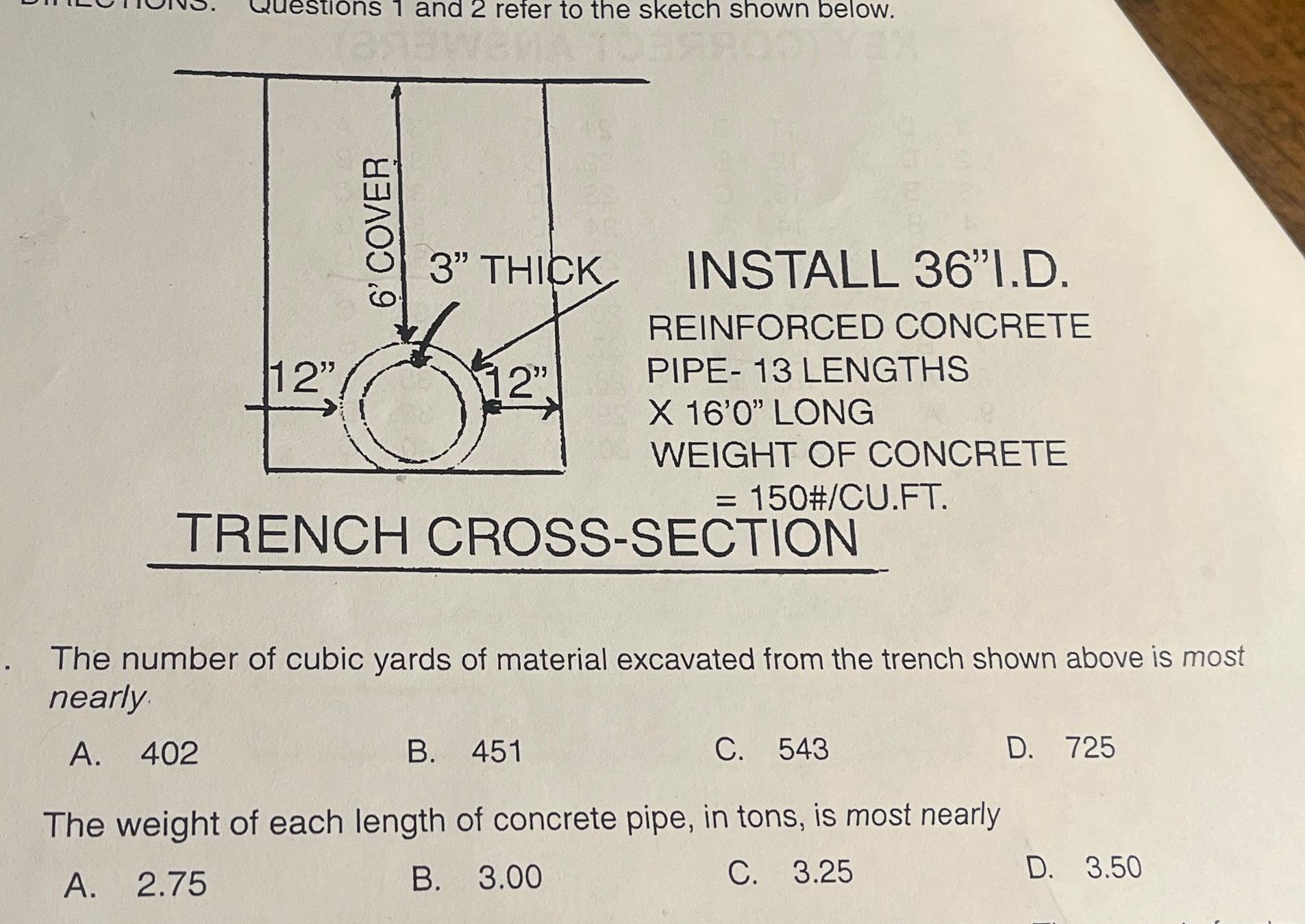 Solved INSTALL 36"I.D.REINFORCED CONCRETE PIPE- 13 ﻿LENGTHS | Chegg.com
