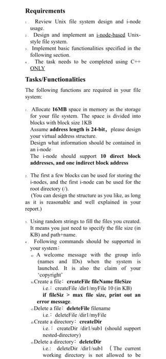 Requirements Tasks/Functionalities The following | Chegg.com