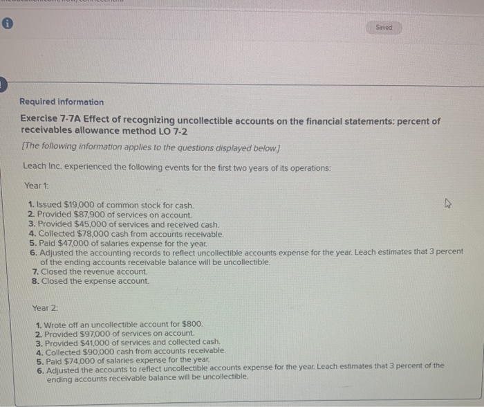 Solved Saved Required information Exercise 7-7A Effect of | Chegg.com
